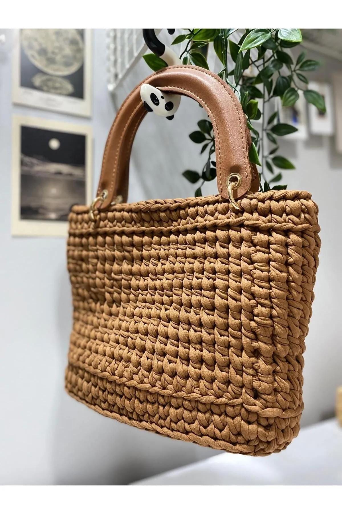 Handmade Crochet Tote Bag With Faux Leather Handle: Boho Knit Purse - Etsy