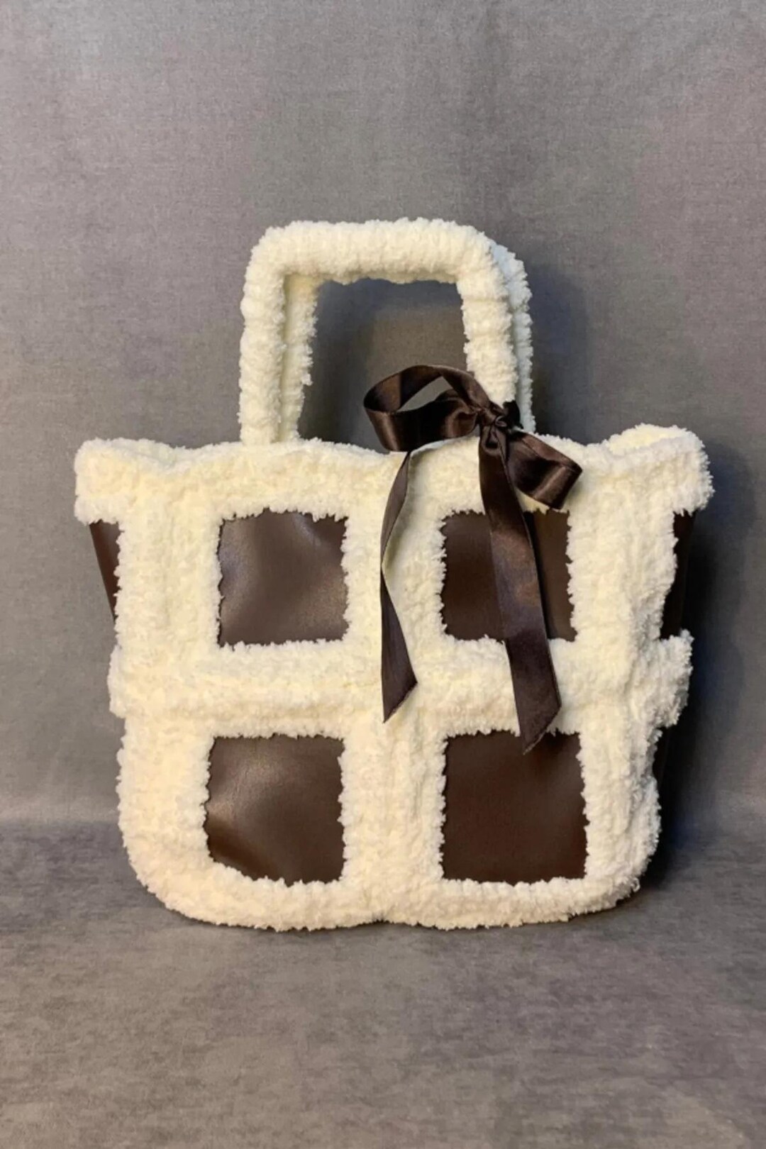 Cozy Faux Shearling Tote Bag, Handmade Brown Leather and White Square ...