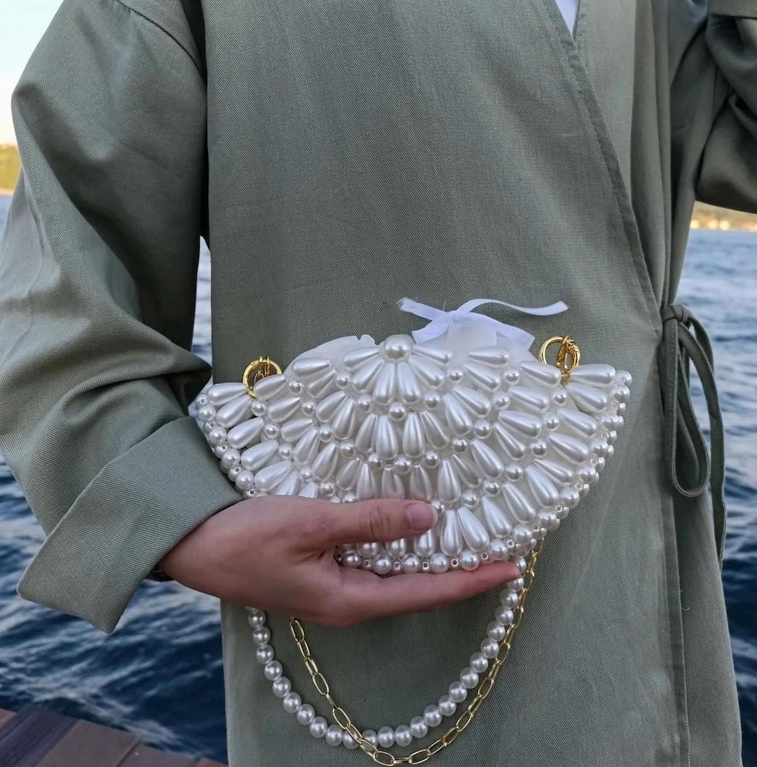 Handmade Pearl Beaded Clutch Purse, White Shell Bag With Gold Chain ...