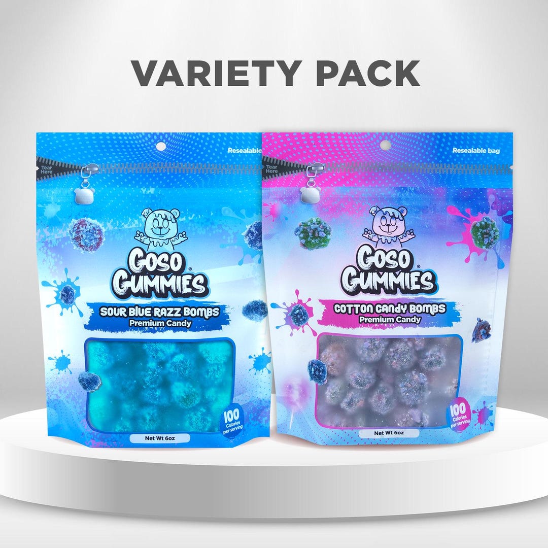 Goso Gummies Sour Blue Razz Gusher Bombs 6oz + Cotton Candy Gusher ...