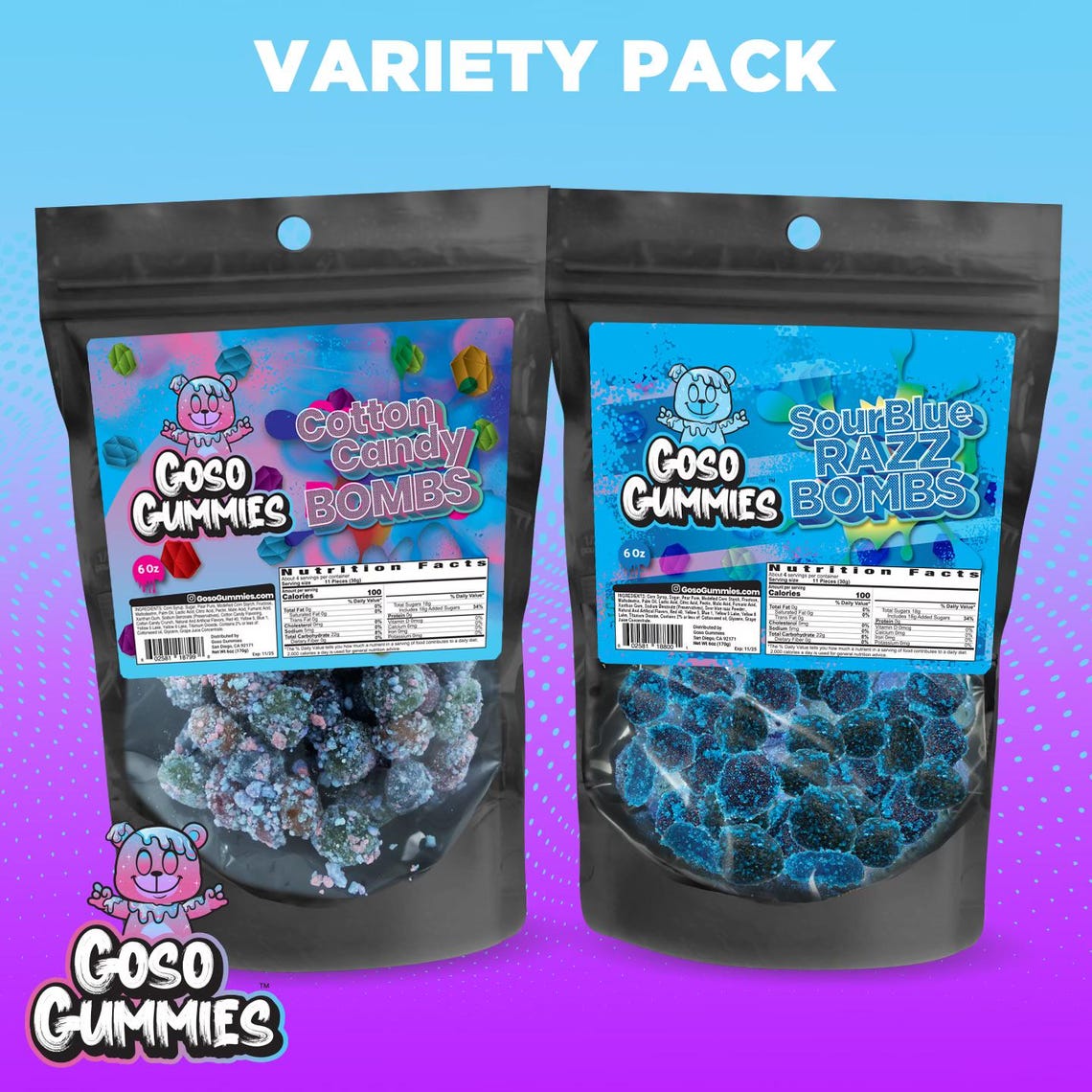 Goso Gummies | Cotton Candy + Sour Blue Razz Gushers 12oz Variety Pack ...