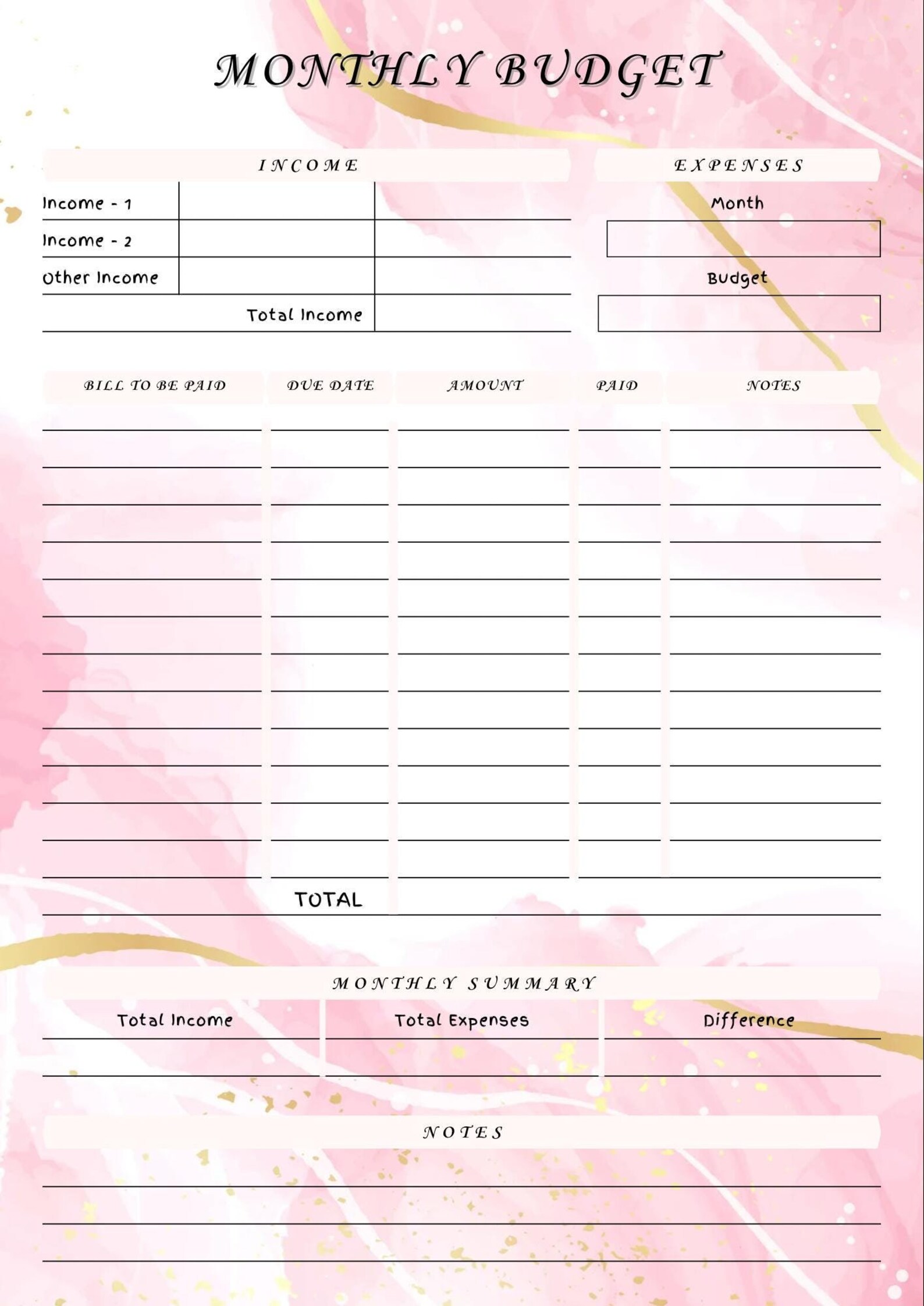 Pink and Gold Monthly Budget Planner, Finance Planner, Easy Budgeting ...