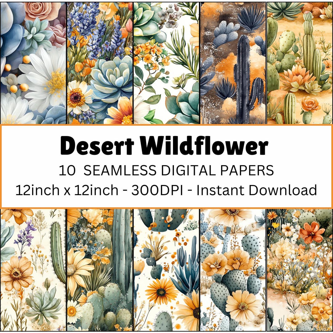 Desert Wildflower Seamless Patterns - Succulents, Cacti and Blossoms in ...