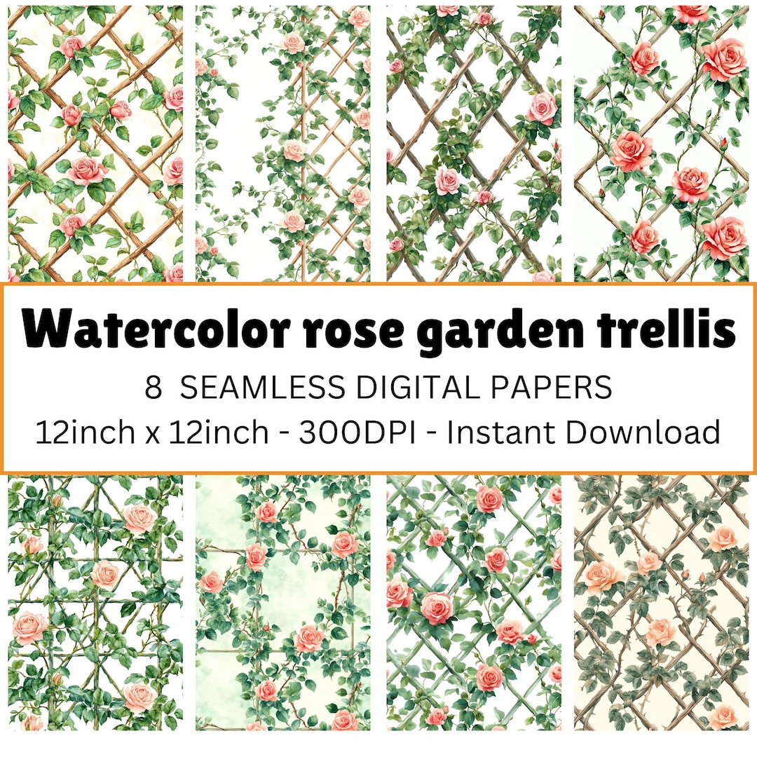 Watercolor Rose Garden Trellis Seamless Pattern, Delicate Pink Roses and Green Leaves, Botanical ...