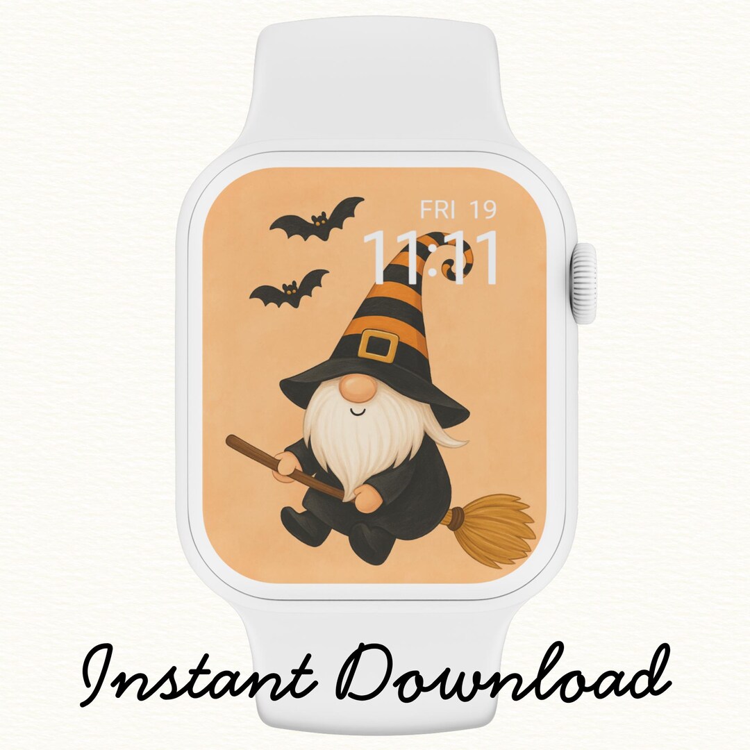 Cute Halloween Gnome Watch Face With Witch Hat and Bats on Peach ...