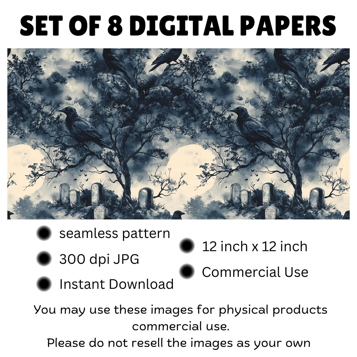 Dark Gothic Halloween Digital Paper, Raven and Graveyard Scene, Spooky ...