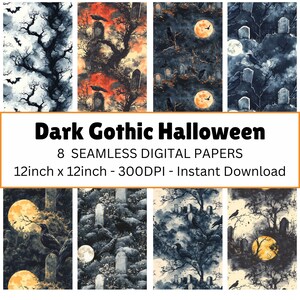 Dark Gothic Halloween Digital Paper, Raven and Graveyard Scene, Spooky ...