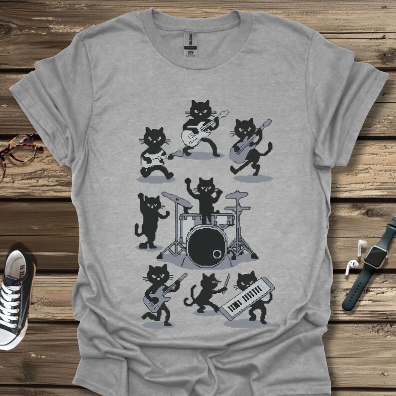 Cat Band Pixelated Cats Rocking Out on Guitar, Drums, and Keyboard T ...