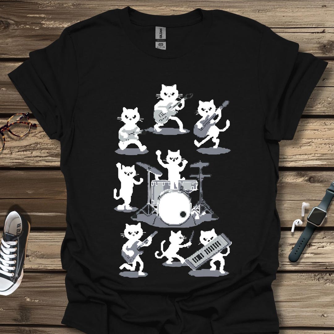 Cat Band Pixelated Cats Rocking Out on Guitar, Drums, and Keyboard T ...