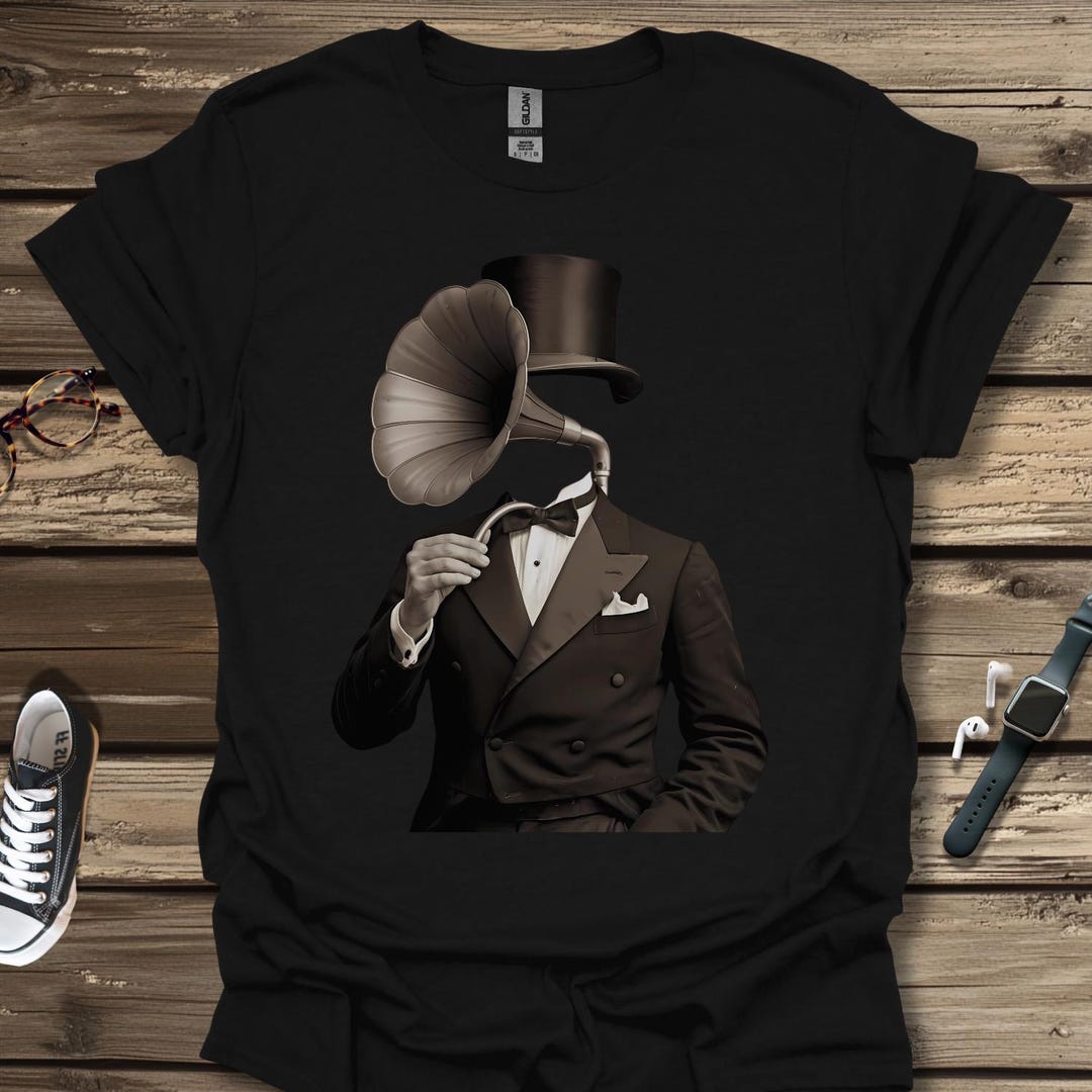 Vintage Gramophone Head Man With Top Hat T-shirt for Music Lovers ...