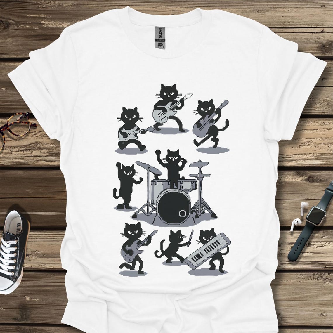 Cat Band Pixelated Cats Rocking Out on Guitar, Drums, and Keyboard T ...