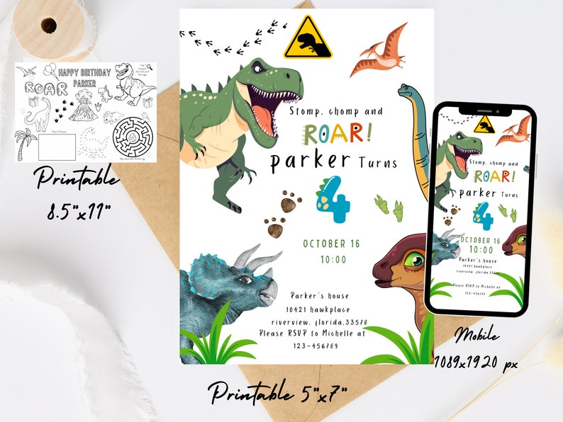 Dinosour Birthday Party Invitation Editable Templates | Includes ...