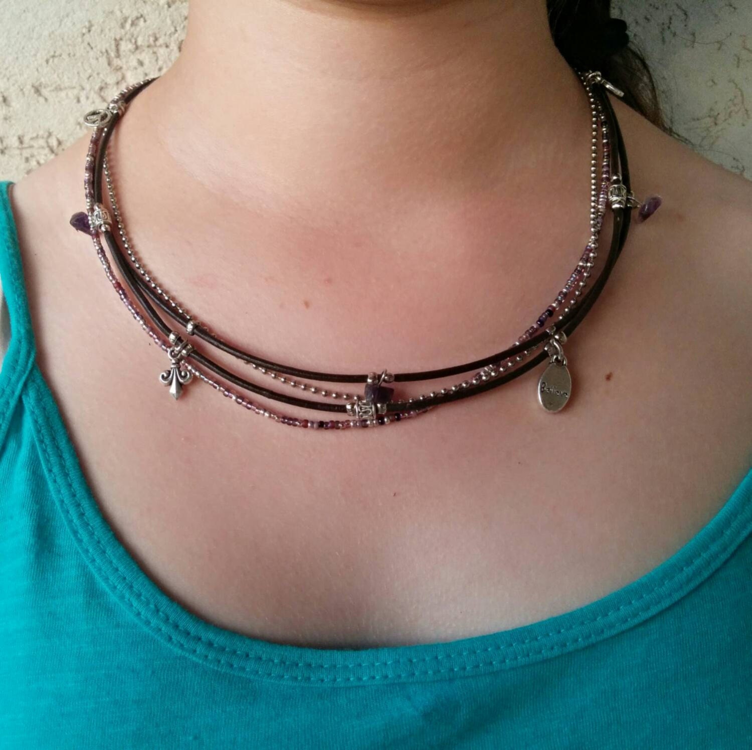 Brown Leather Anklet Double Wrap Anklet Amethyst Gemstone - Etsy