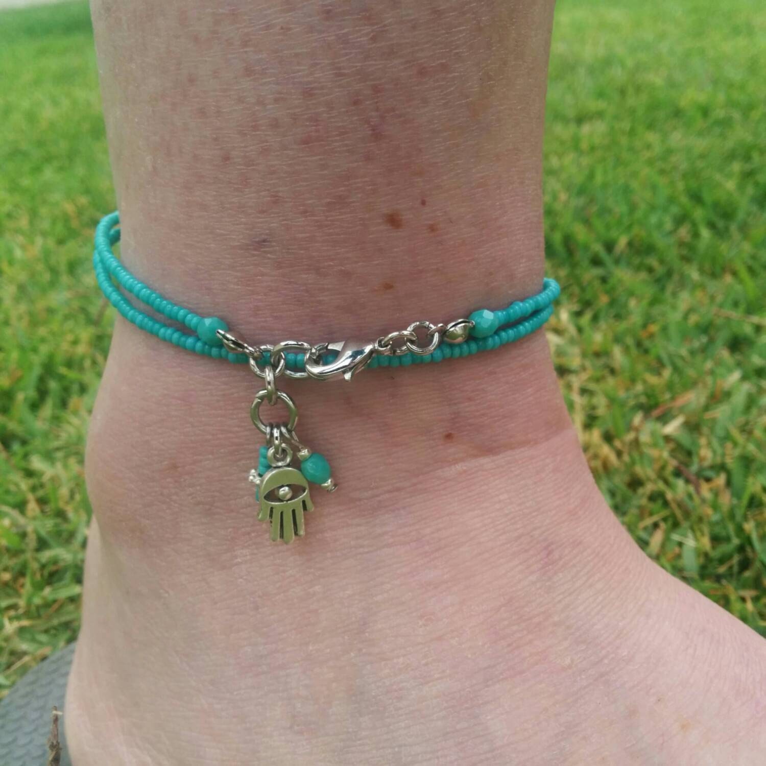 Turquoise Anklet Double Wrap Anklet Hamsa Bracelet Simple Ankle ...