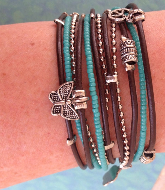 Items Similar To Leather Wrap Bracelet Hippie Style Boho Brown And