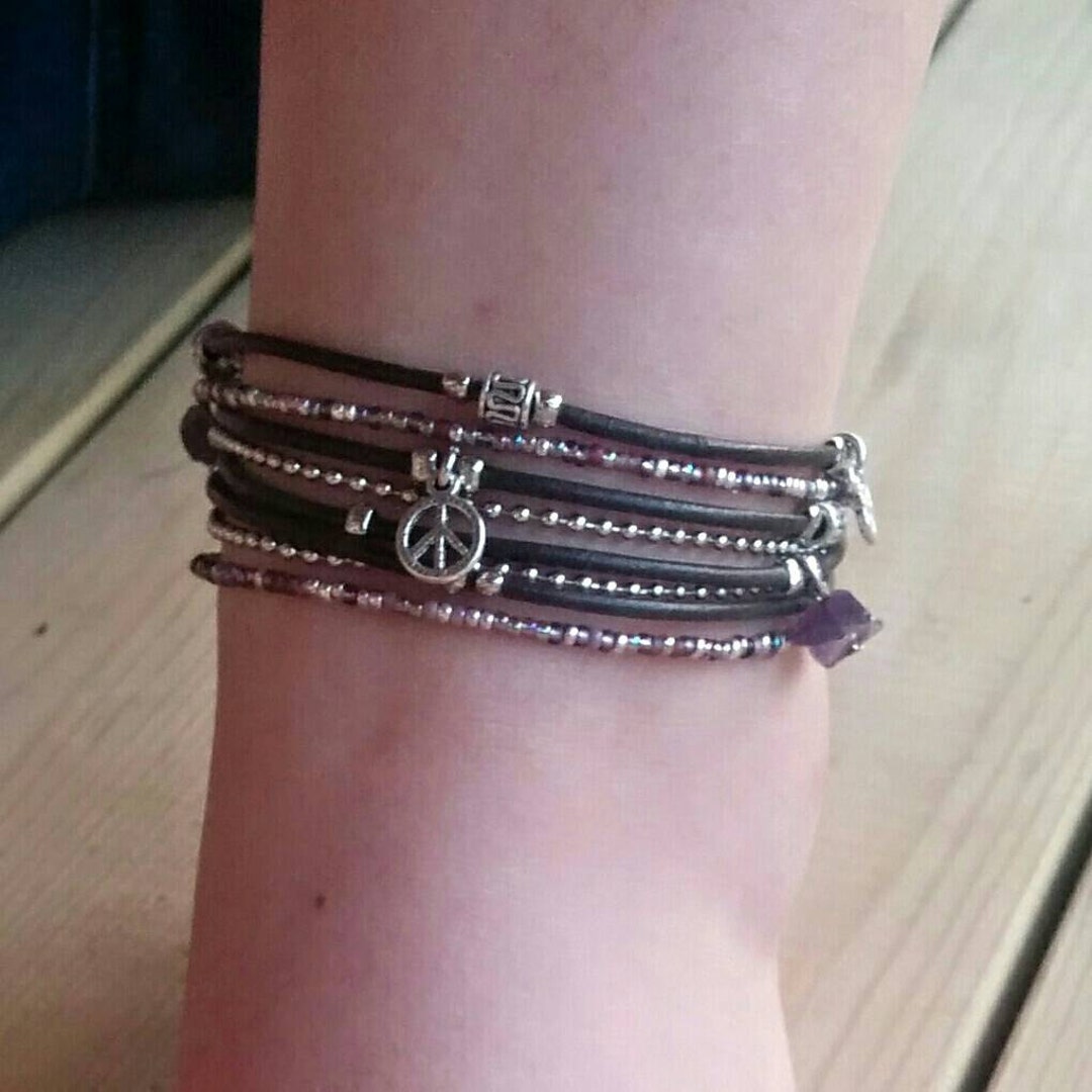 Brown Leather Anklet - Double Wrap Anklet - Amethyst Gemstone Bracelet ...