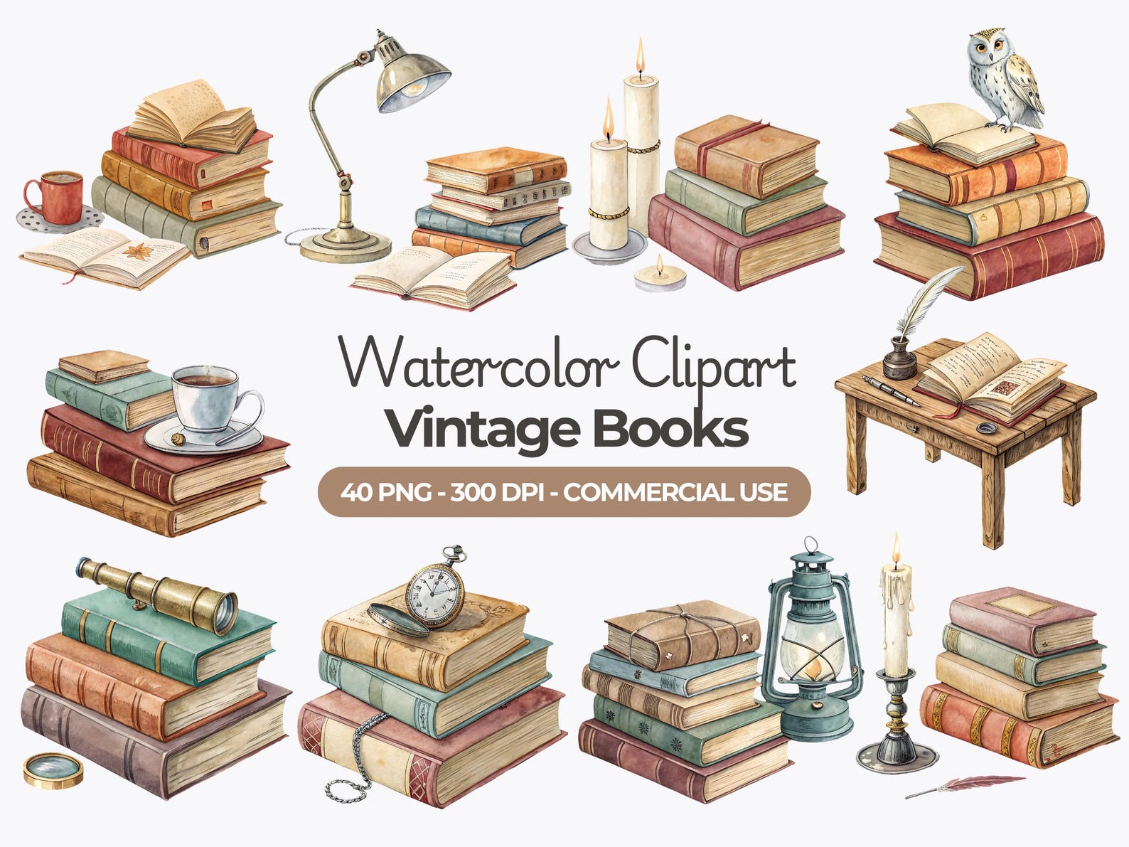 Watercolor Vintage Books Clipart, Antique Book PNG (commercial Use) - Etsy