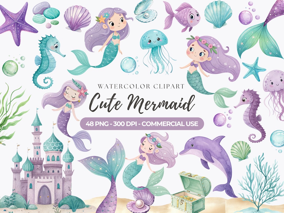Cute Mermaid Clipart, Little Mermaid PNG, Under the Sea, Sea Animals ...