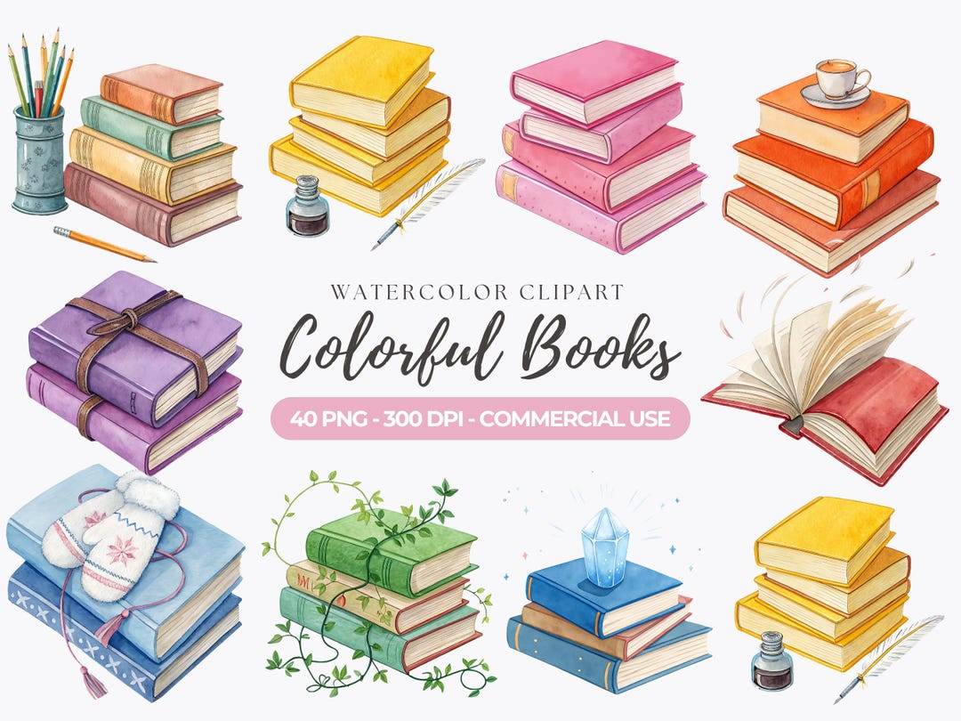 Watercolor Books Clipart, Colorful Stacks PNG (commercial Use) - Etsy
