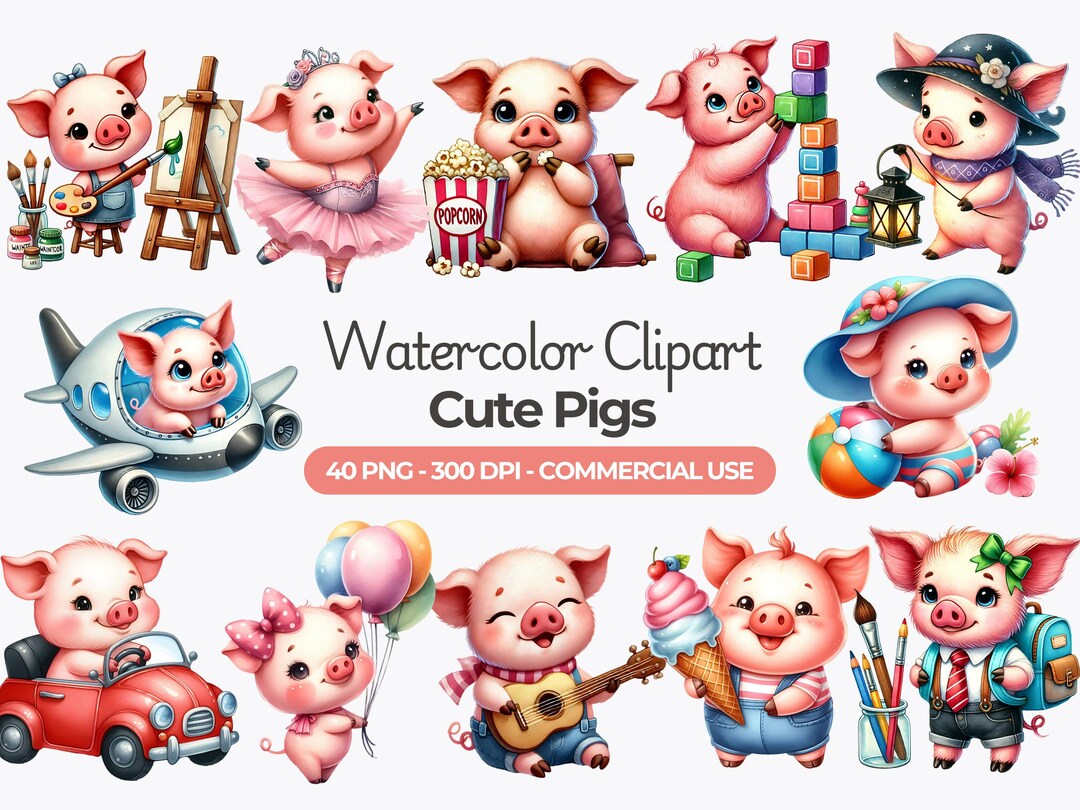 Watercolor Cute Pigs Clipart, Funny Pigs PNG, Piggy Clipart, Baby Pig ...