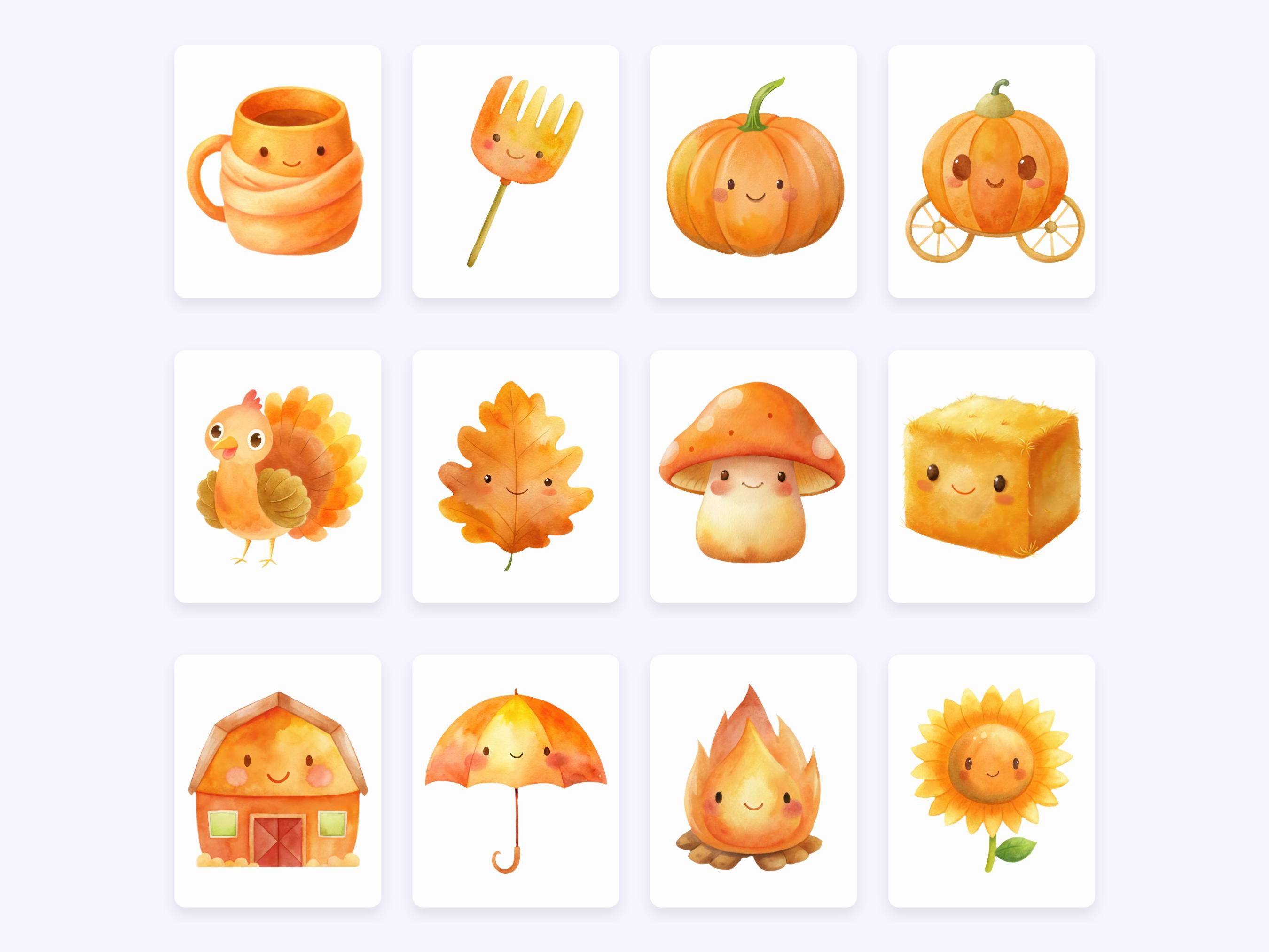 Kawaii Fall Clipart Bundle, Autumn PNG, Thanksgiving Graphics ...