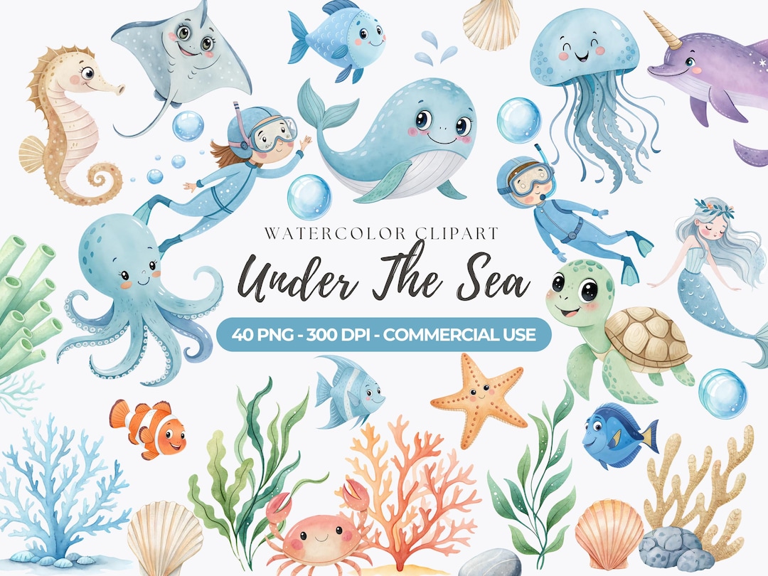 Watercolor Undersea Clipart, Cute Fish PNG, Sea Animals, Nursery Decor ...