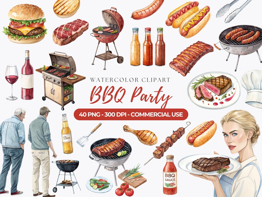 Watercolor BBQ Clipart, BBQ Party PNG, Grill Clipart, Barbecue, Summer ...