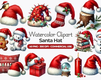 Watercolor Santa Hat Clipart | Red and White Hat PNG | Holiday JPG ...