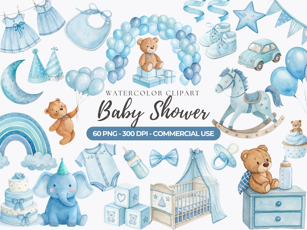 Blue Baby Shower Clipart, Teddy Bear Graphics, Baby Boy Nursery PNG ...