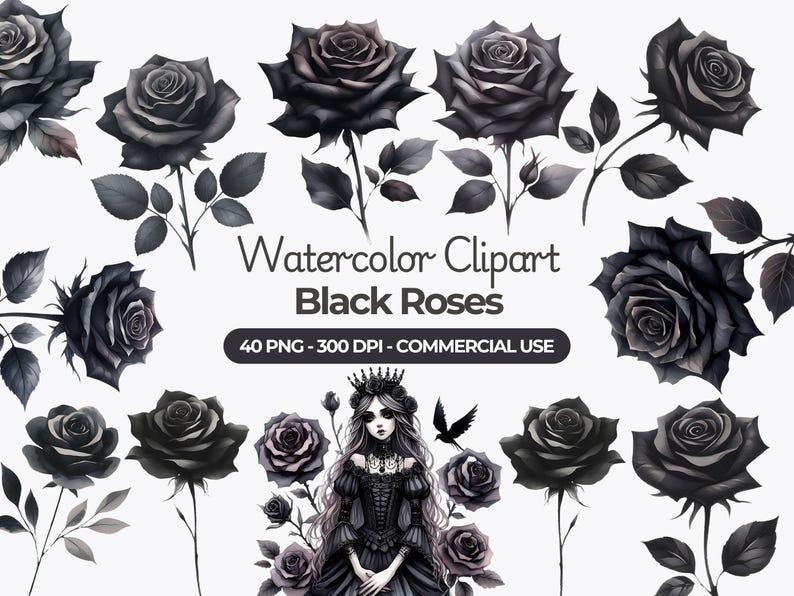 Black Gothic Roses Clipart, Gothic Floral PNG, Gothic Flowers Clipart ...