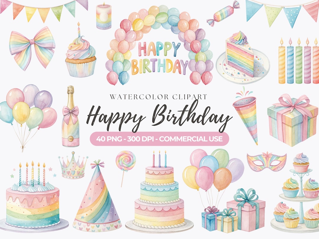 Pastel Birthday Clipart, Happy Birthday PNG, Birthday Party, Balloons ...