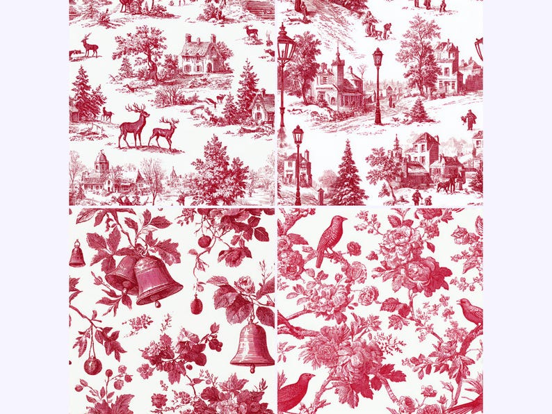 Red Christmas Toile De Jouy Seamless Pattern, Vintage Holiday ...