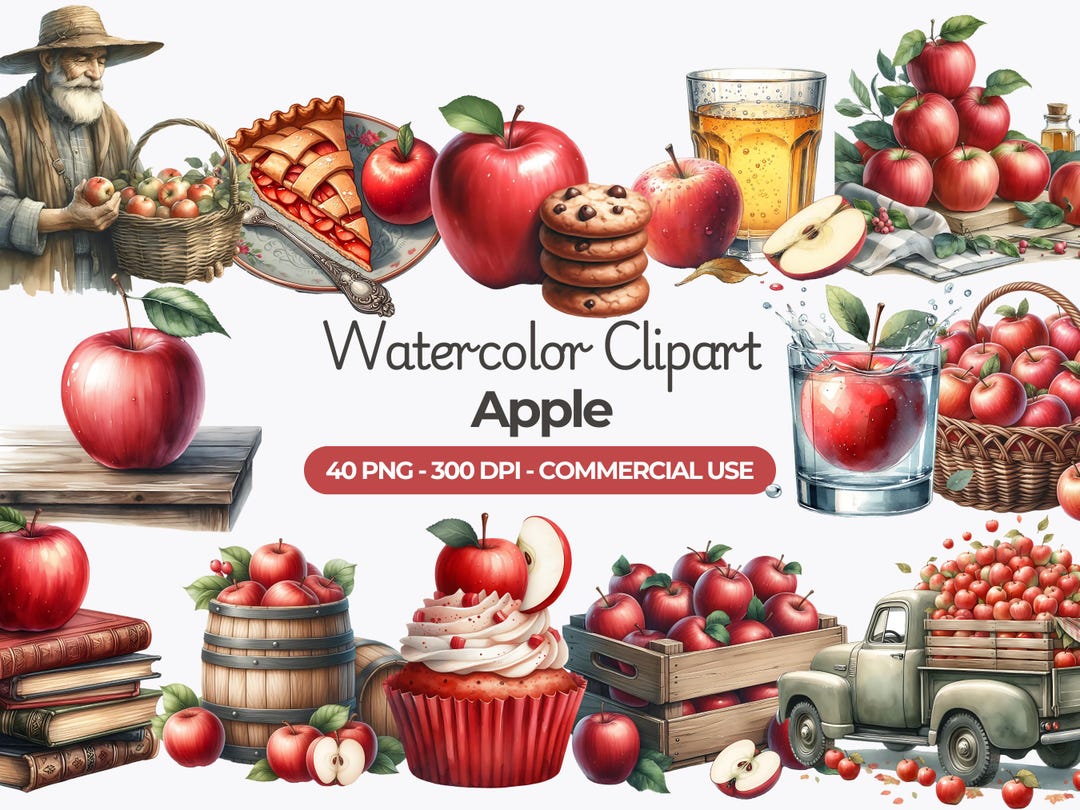 Watercolor Apple Clipart, Red Apple PNG, Apple Harvest, Apple Trees ...