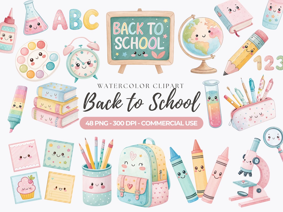 Kawaii School Clipart, Back to School PNG, Cute School Supplies ...