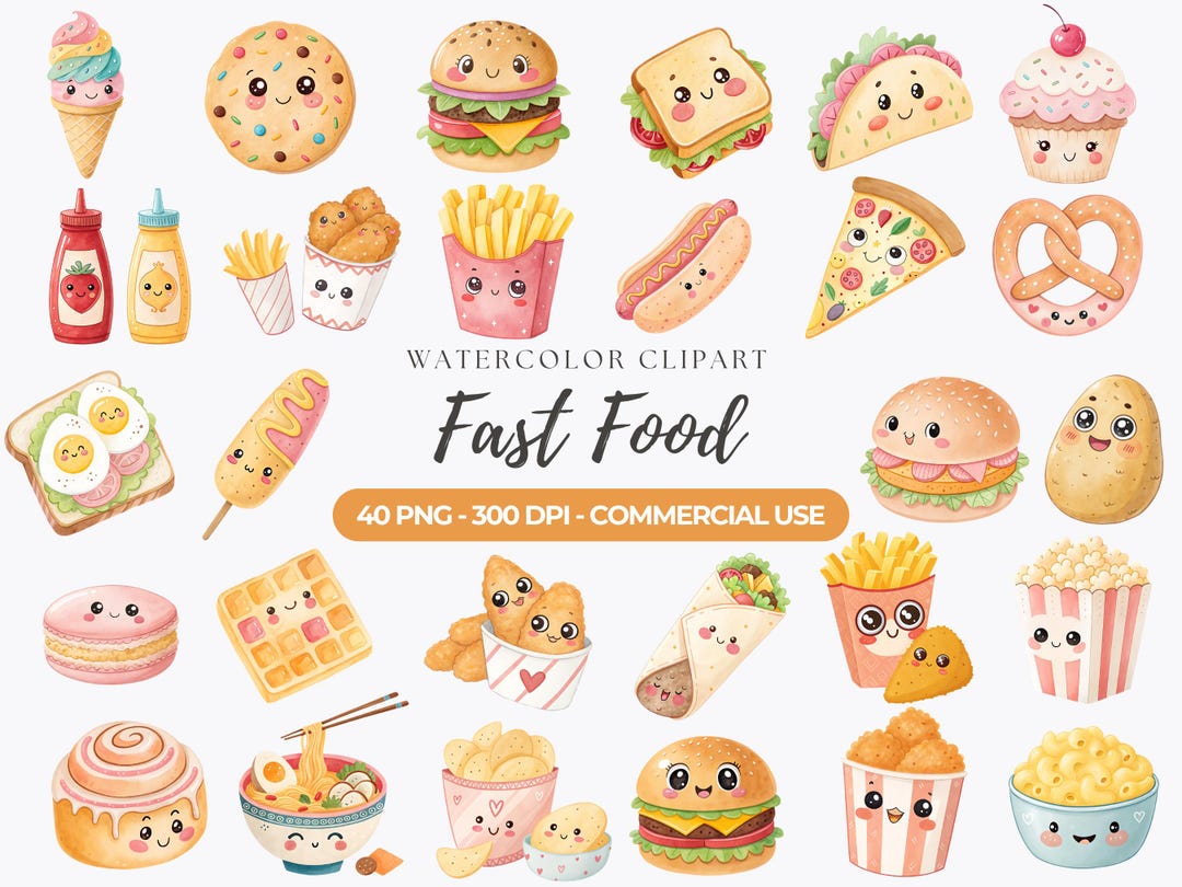 Kawaii Fast Food Clipart, Cute Food PNG, Commercial Use - Etsy