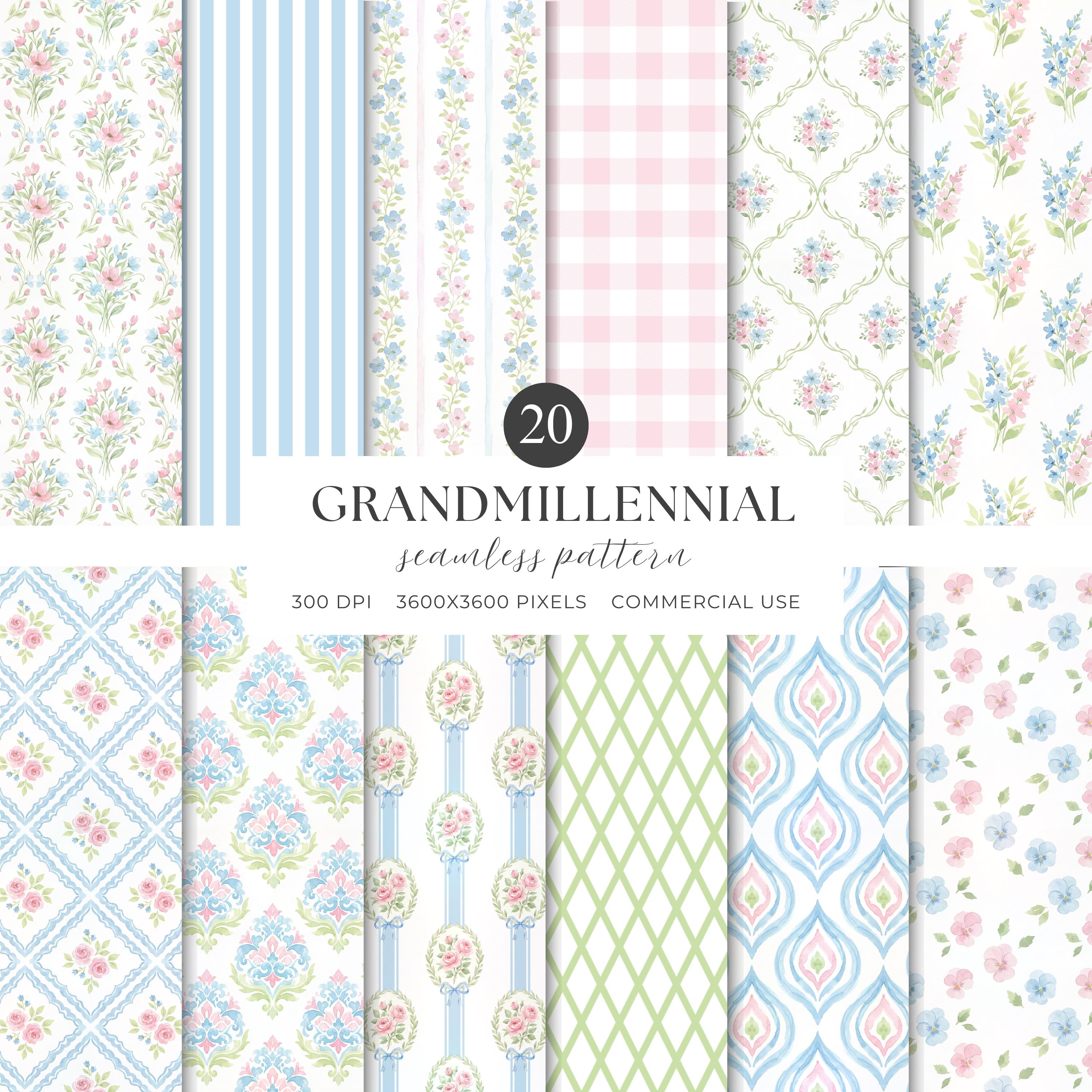 Watercolor Grandmillennial Seamless Patterns, Pastel Floral Digital ...