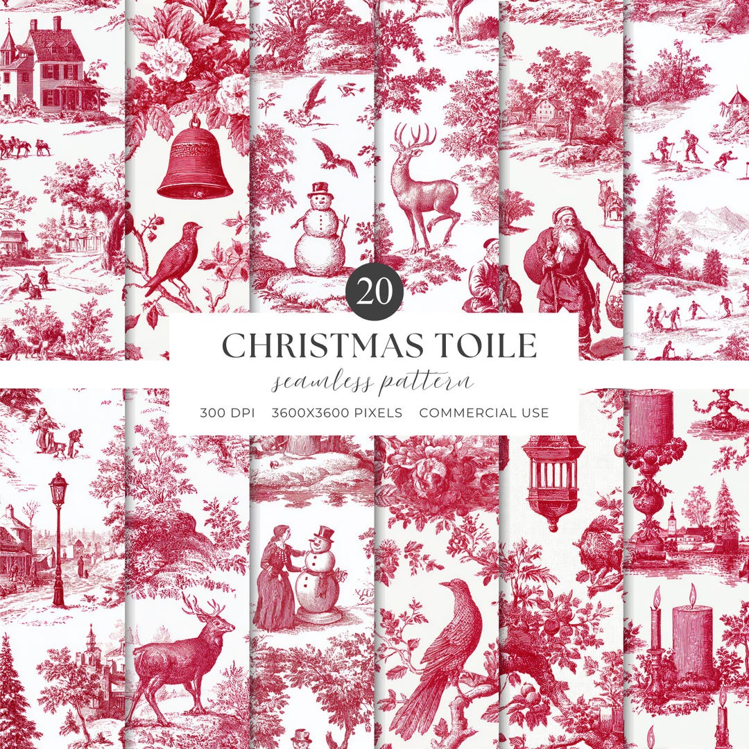 Red Christmas Toile De Jouy Seamless Pattern, Vintage Holiday ...