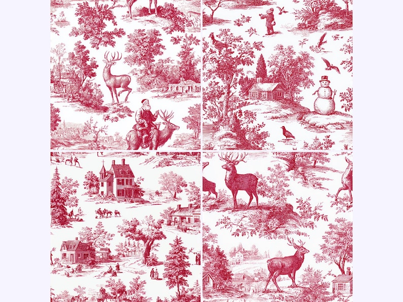 Red Christmas Toile De Jouy Seamless Pattern, Vintage Holiday ...