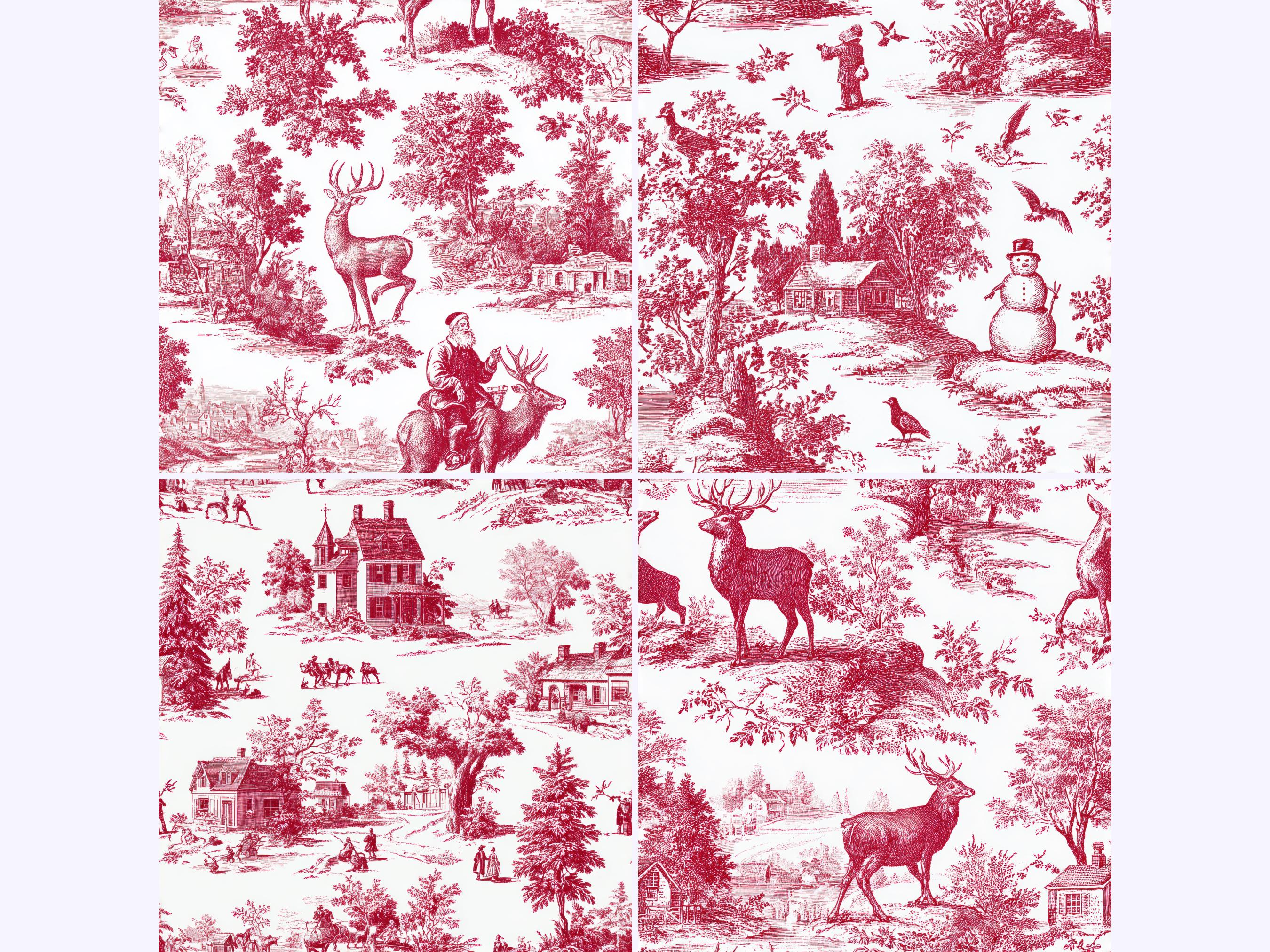 Red Christmas Toile De Jouy Seamless Pattern, Vintage Holiday ...
