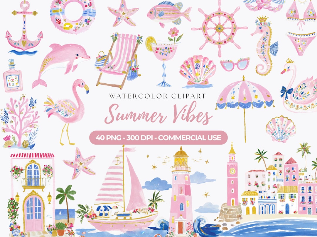 Coastal Preppy Summer Clipart, Watercolor Beach Graphics, Pink Nautical ...