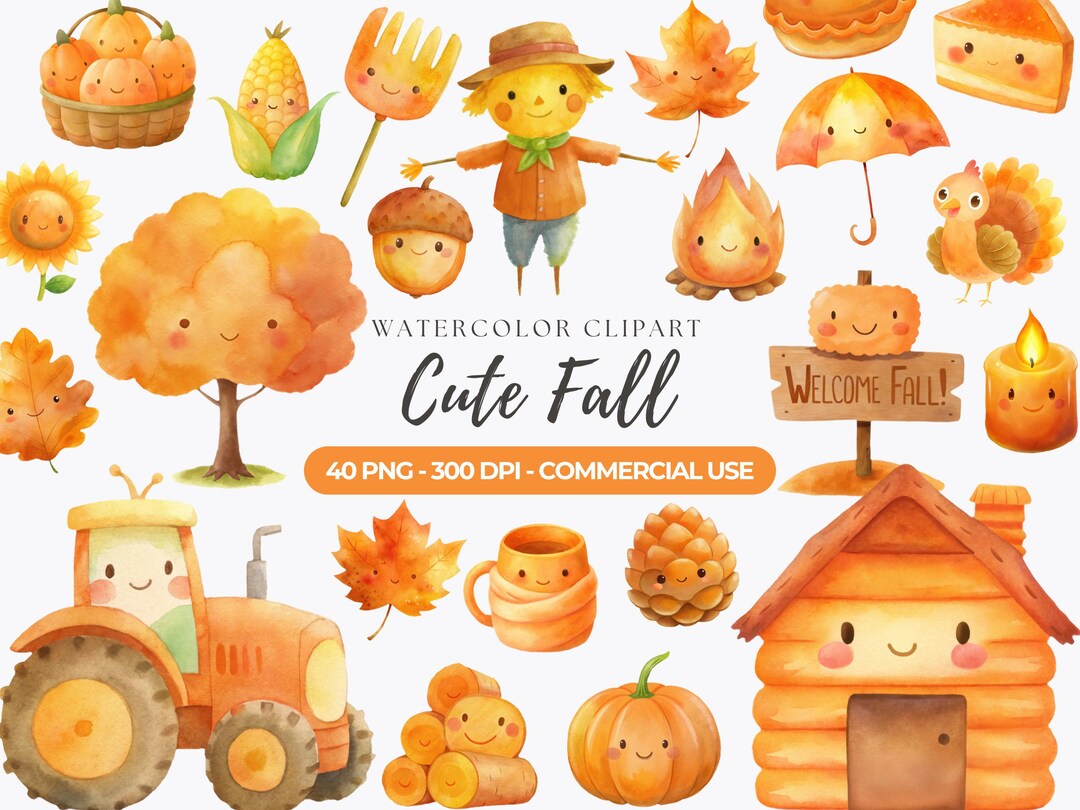 Kawaii Fall Clipart Bundle, Autumn PNG, Thanksgiving Graphics ...
