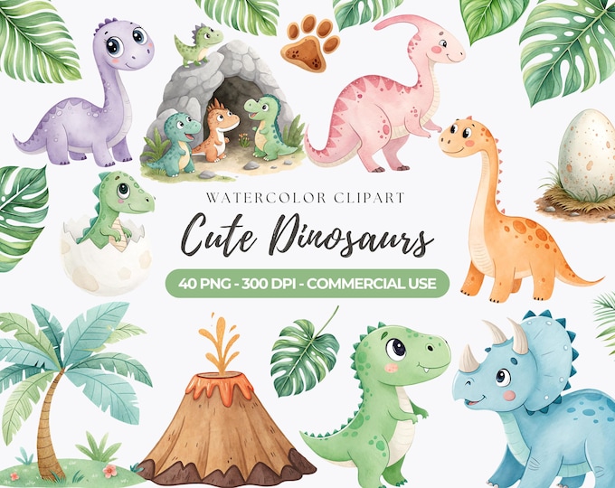 Watercolor Dinosaurs Clipart, Dino PNG, Baby Dinosaur Birthday Party ...
