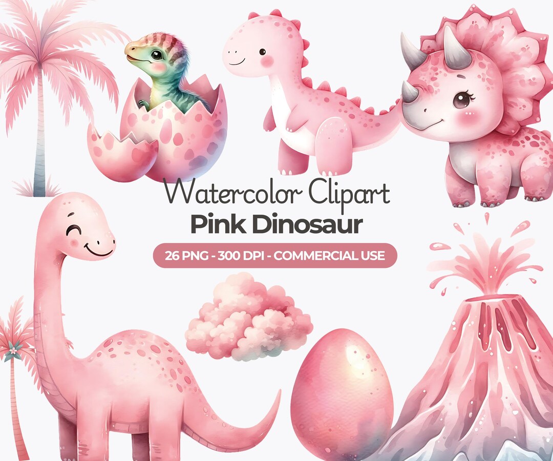 Pink Dinosaur Watercolor Clipart PNG Bundle, Girly Dino Nursery Art ...