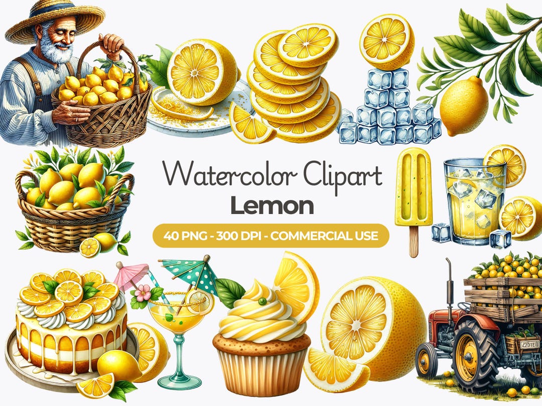 Watercolor Lemon Clipart Bundle, Citrus PNG Graphics (commercial Use ...