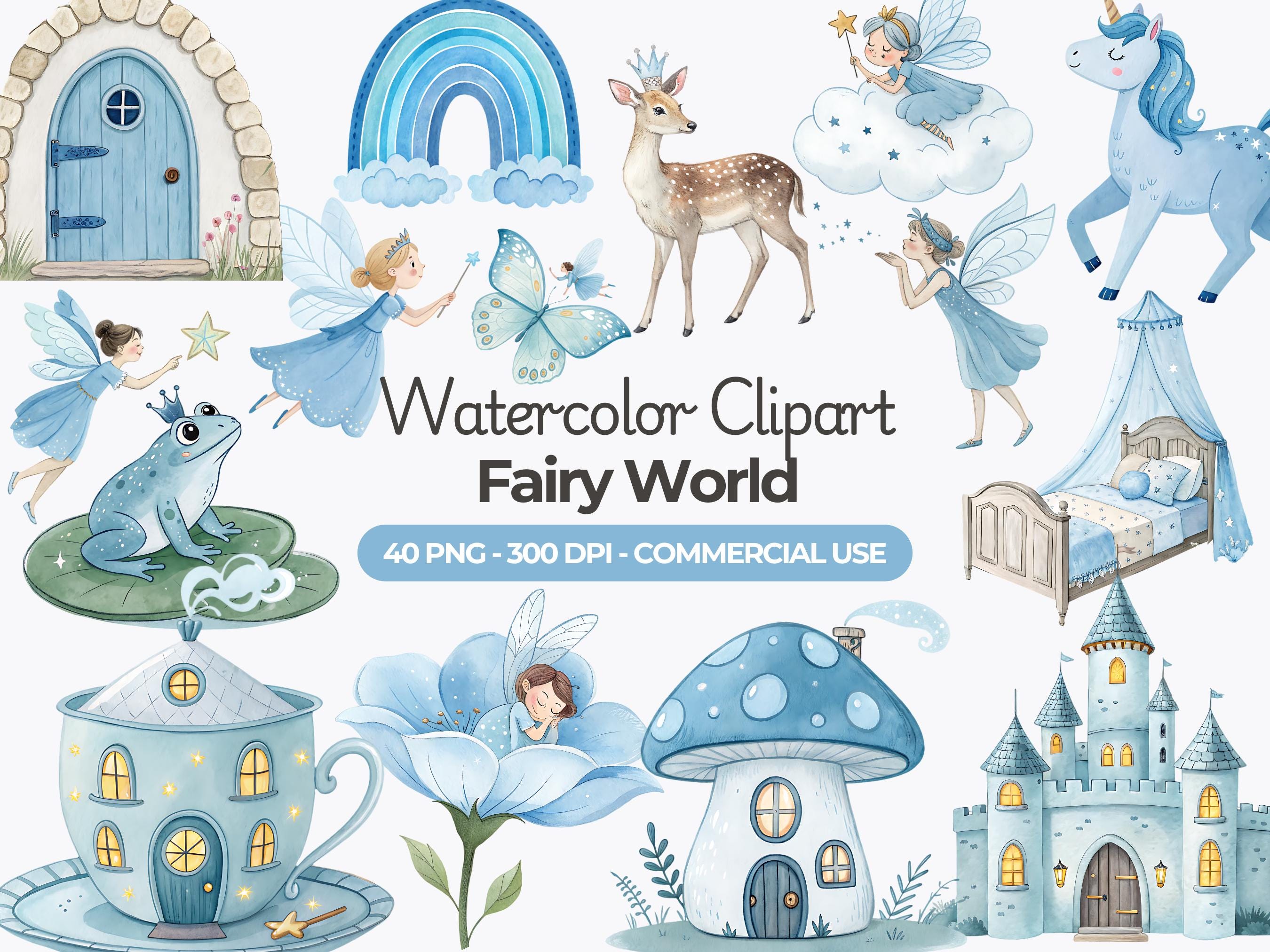 Watercolor Blue Fairy Clipart, Castle, Mushroom Homes (PNG) - Etsy