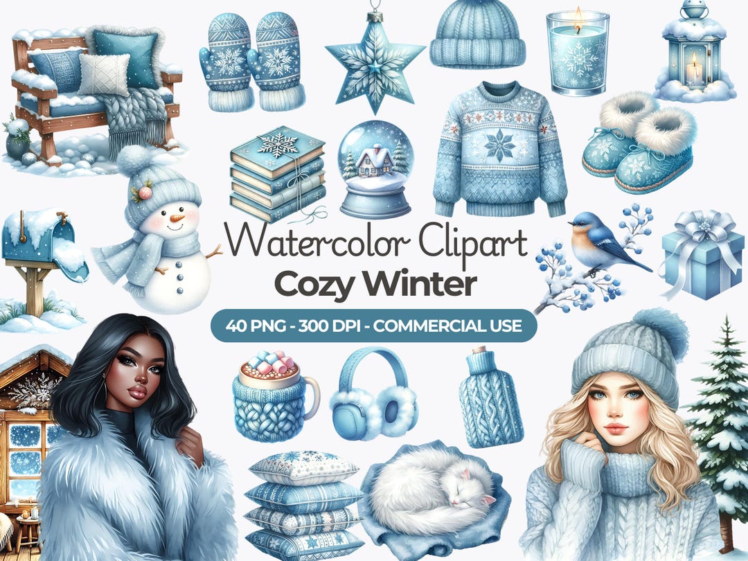 Watercolor Cozy Winter Clipart, Blue Christmas PNG (commercial Use) - Etsy