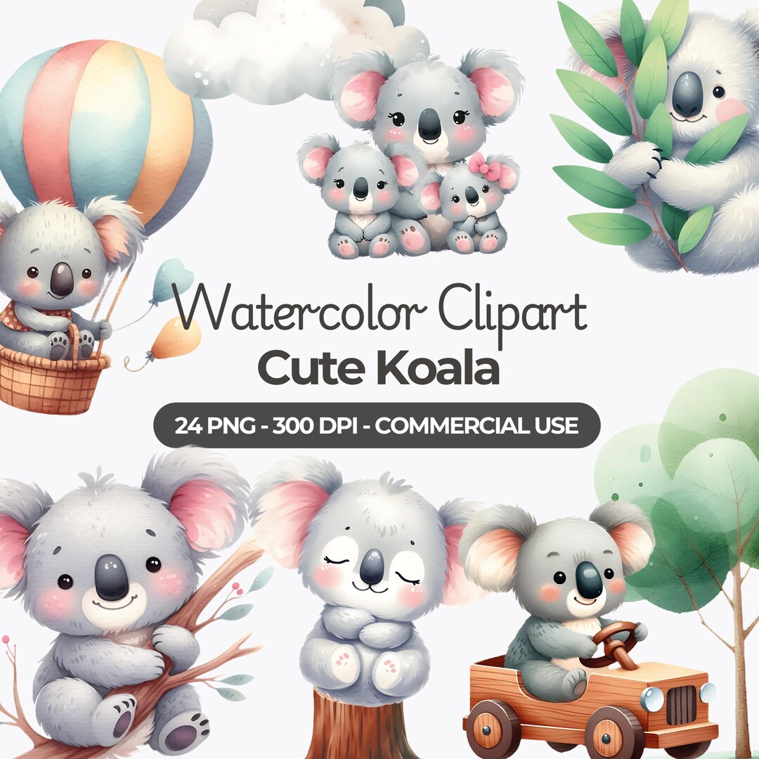 Watercolor Cute Koala Clipart, Safari Animals, Nursery Clipart, Baby ...