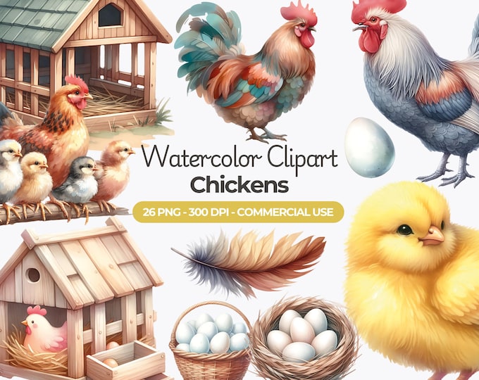 Watercolor Chickens Clipart PNG, Cute Farm Clipart, Farm Animals ...