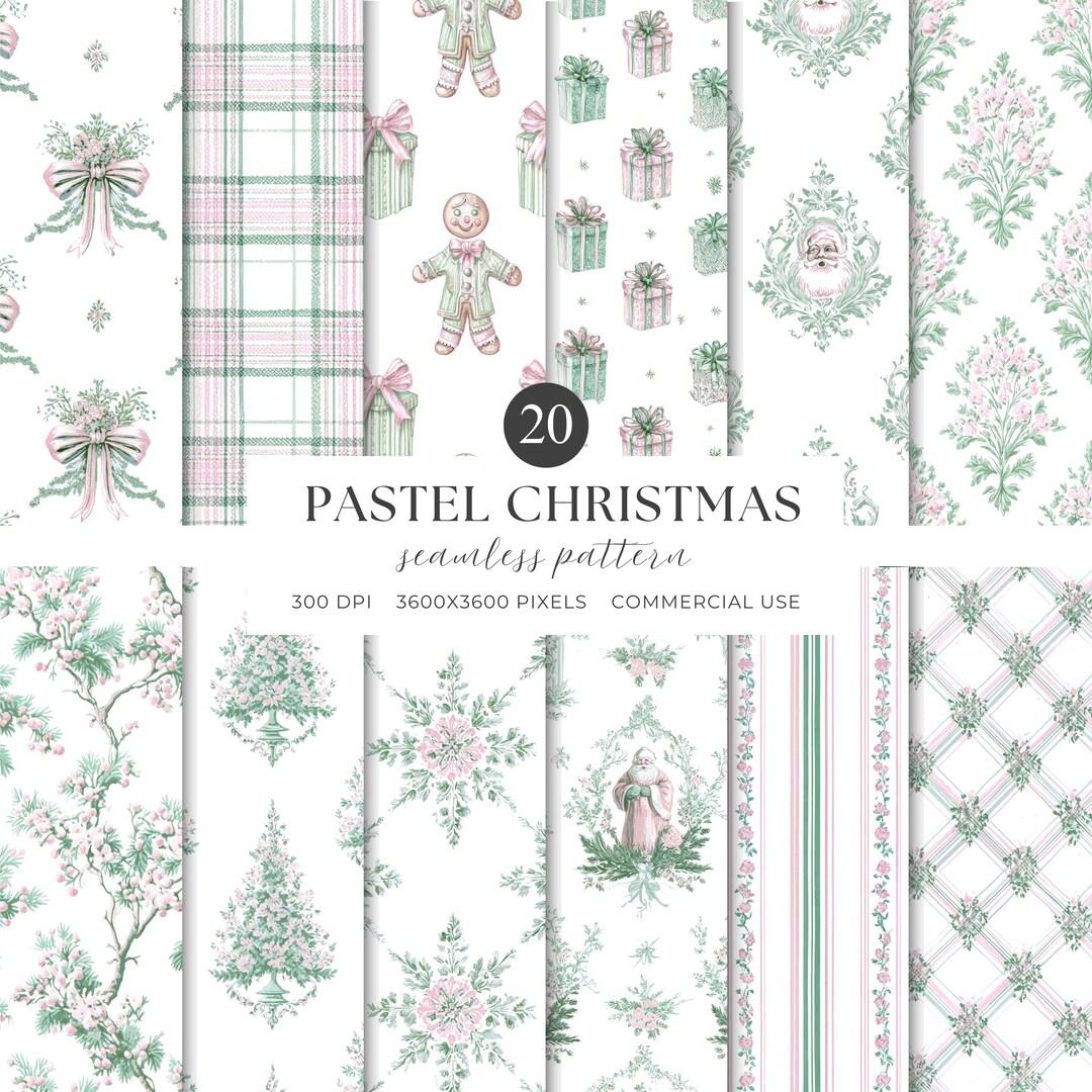 Pastel Christmas Seamless Pattern, Pink Mint Holiday Digital Paper ...