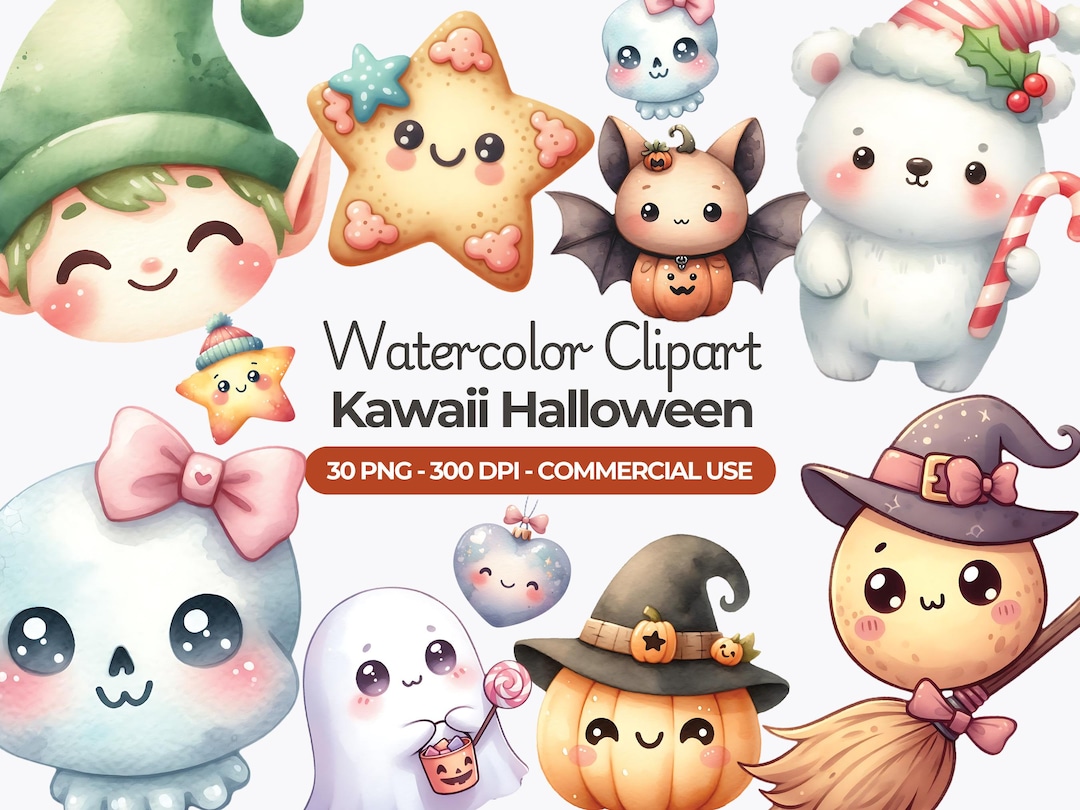 Kawaii Halloween Clipart Bundle, Cute Halloween Clipart, Ghosts ...